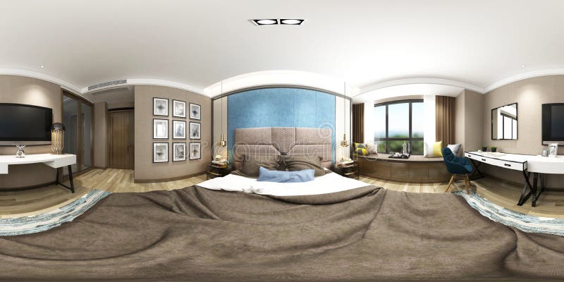 3d Render of 360 Degrees Bedroom Stock Illustration - Illustration of ...