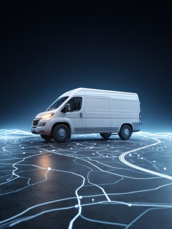 3D Render of a Delivery Van with GPS Route Lines and Upper Zone Light ...