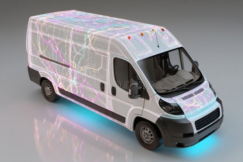3D Render of a Delivery Van with GPS Route Lines and Upper Zone Light ...