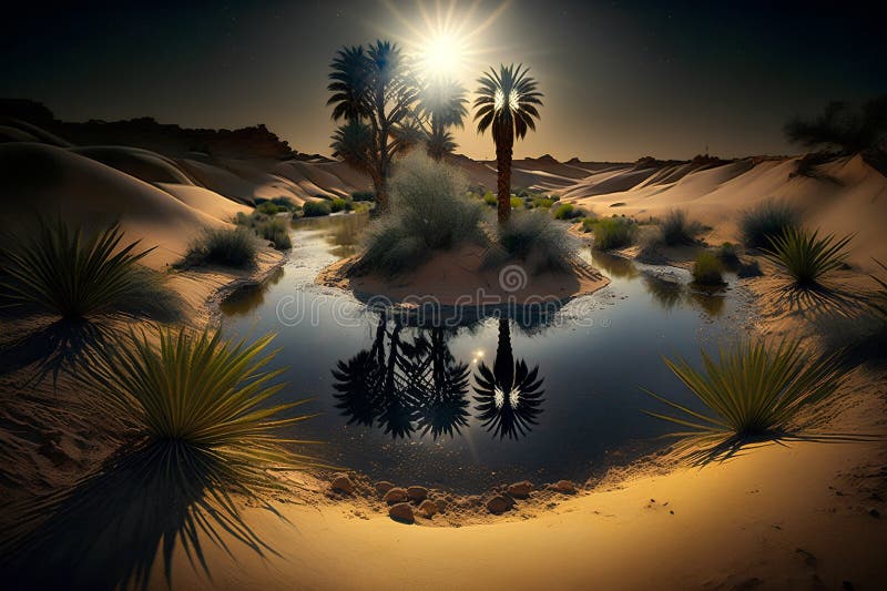 3d Render of Desert Landscape with Palm Trees and Reflections in Water ...
