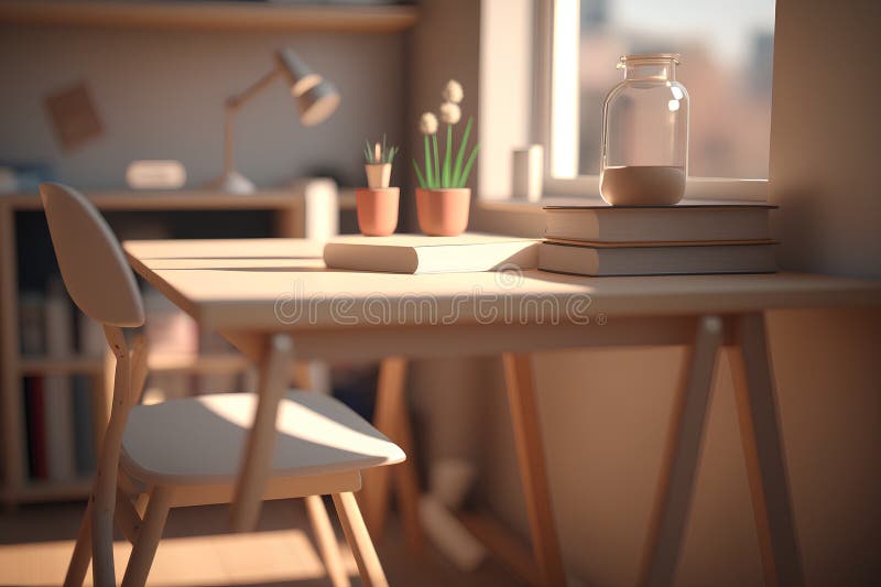 3D Render of a Desk with Books and a Vase. Stock Photo - Image of home ...