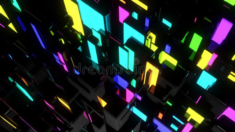 3d Render. Different Sizes Cubes Network Lighting Multicolor Neon Light ...