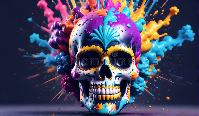 3D Render Digital Illustration of Sugar Skull with Floral Ornament with ...