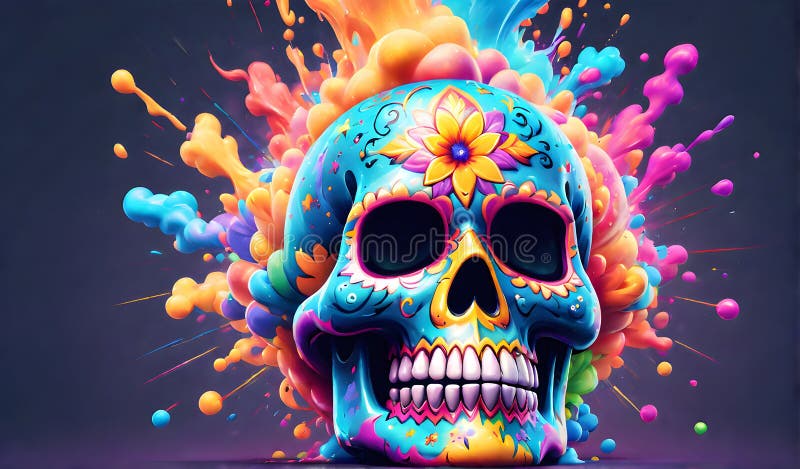 3D Render Digital Illustration of Sugar Skull with Floral Ornament with ...