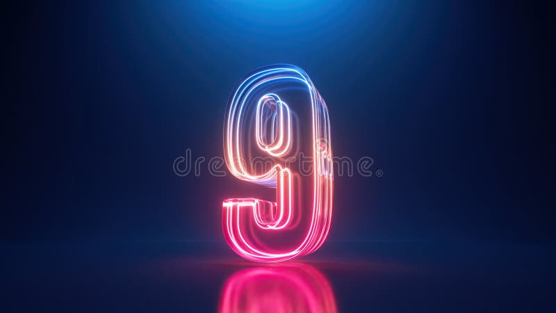 3d Render, Digital Neon Number Nine. Glass Symbol with Glowing Linear ...