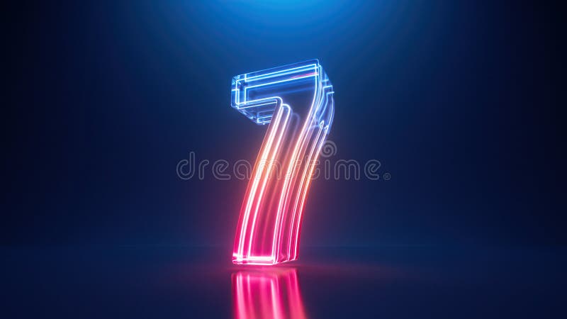 3d Render, Digital Neon Number Seven. Glass Symbol with Glowing Linear ...