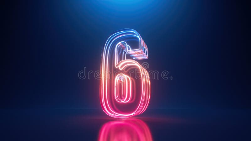 3d Render, Digital Neon Number Six. Glass Symbol with Glowing Linear ...