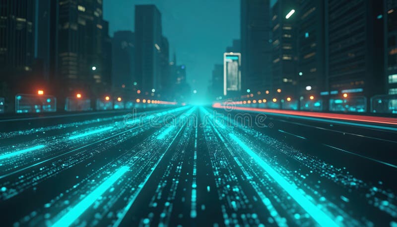 3D Render of Digital Road with Streaming Binary Data in City. Concept of Smart Urban Transport ...