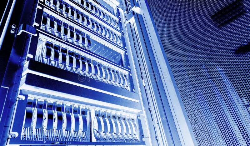 3D Render Disk Storage in a Row of Supercomputers Data Center Bottom ...