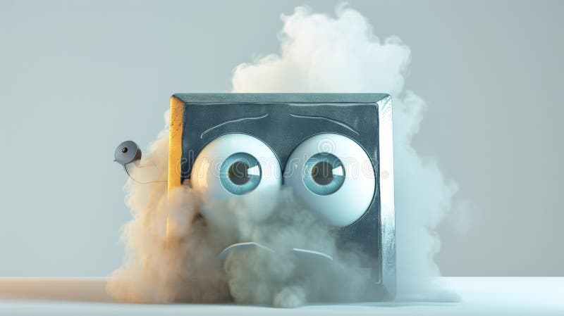 3D Render of a Distressed Cube with Large Eyes Surrounded by Smoke ...