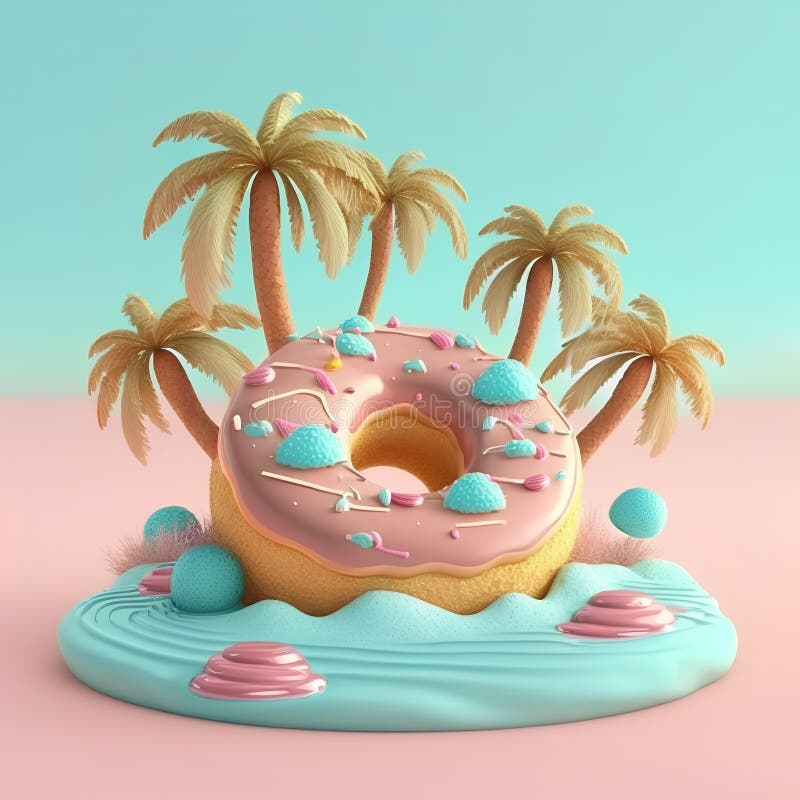 3d Render of Donut and Palm Trees on Pastel Background Stock ...