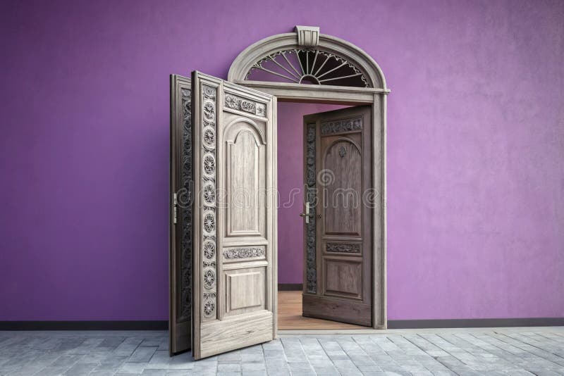 3D Render of Double Door Half Opened on Violet Background Stock ...