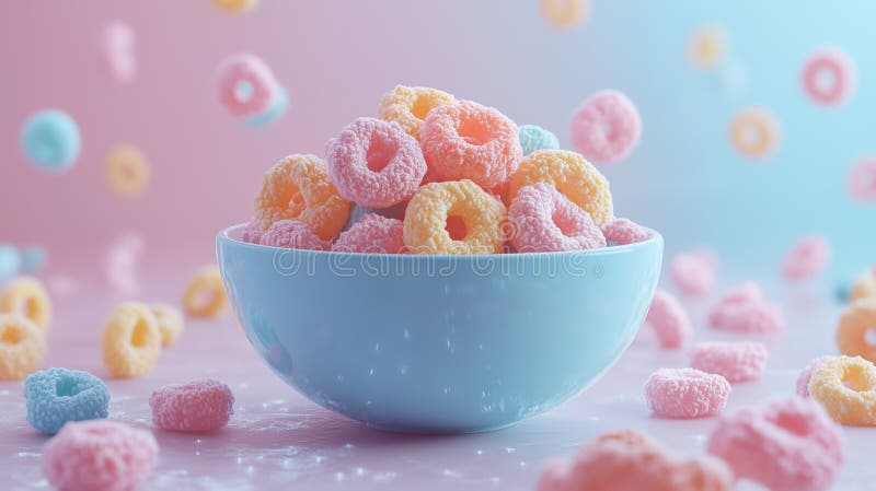 3D Render of Double Rainbow Froot Loops in a Frozen Bowl Stock ...
