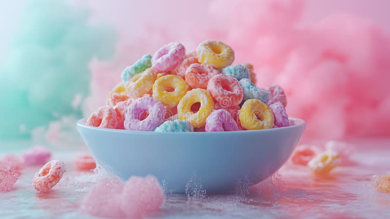 3D Render of Double Rainbow Froot Loops in a Frozen Bowl Stock ...