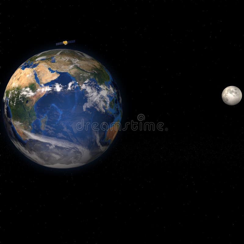 Earth with Moon and Satellite Stock Illustration - Illustration of ...