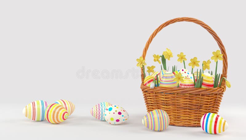 3d Render of Easter Basket with Colorful Easter Eggs Stock Illustration ...