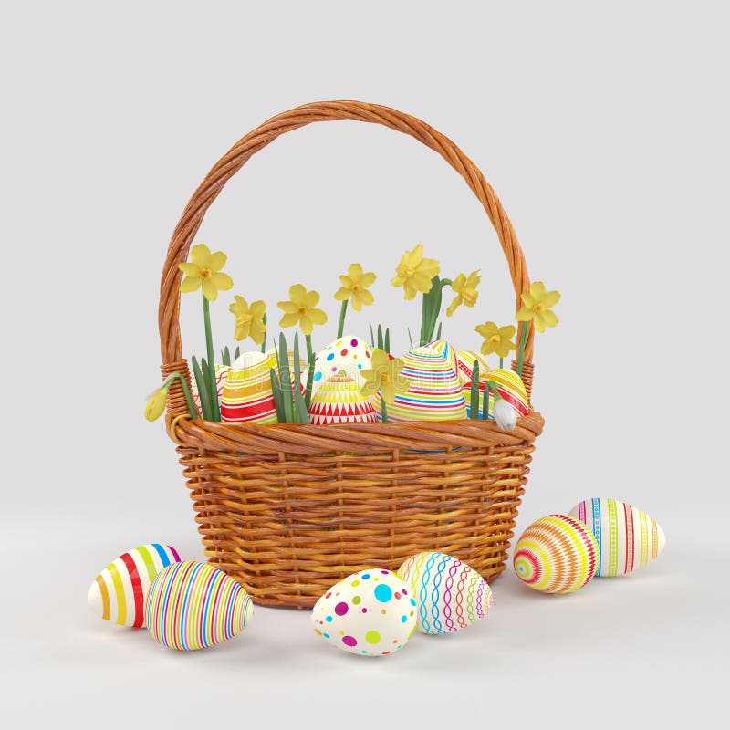 3d Render of Easter Basket with Colorful Easter Eggs Stock Illustration ...