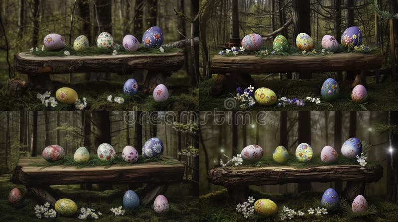 3D Render of Easter Eggs on Wooden Bench in the Forest. Stock ...