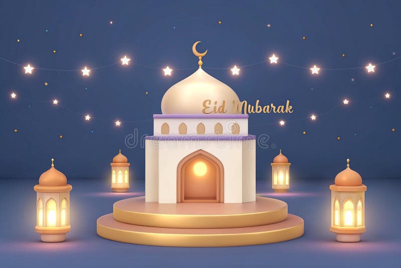 3D Render of Eid Mubarak Mosque with Lanterns and Lights Stock Image ...
