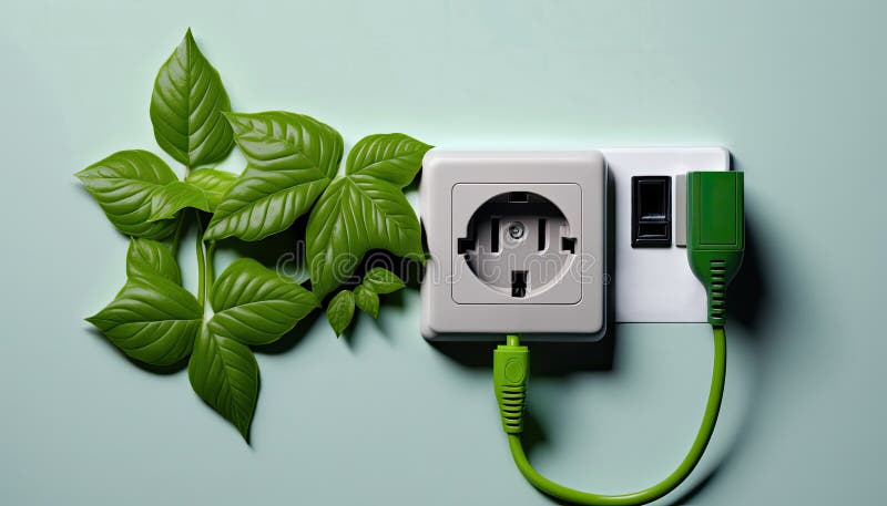 3D Render of Electrical Outlet with Leaves Against Light Blue Stock ...