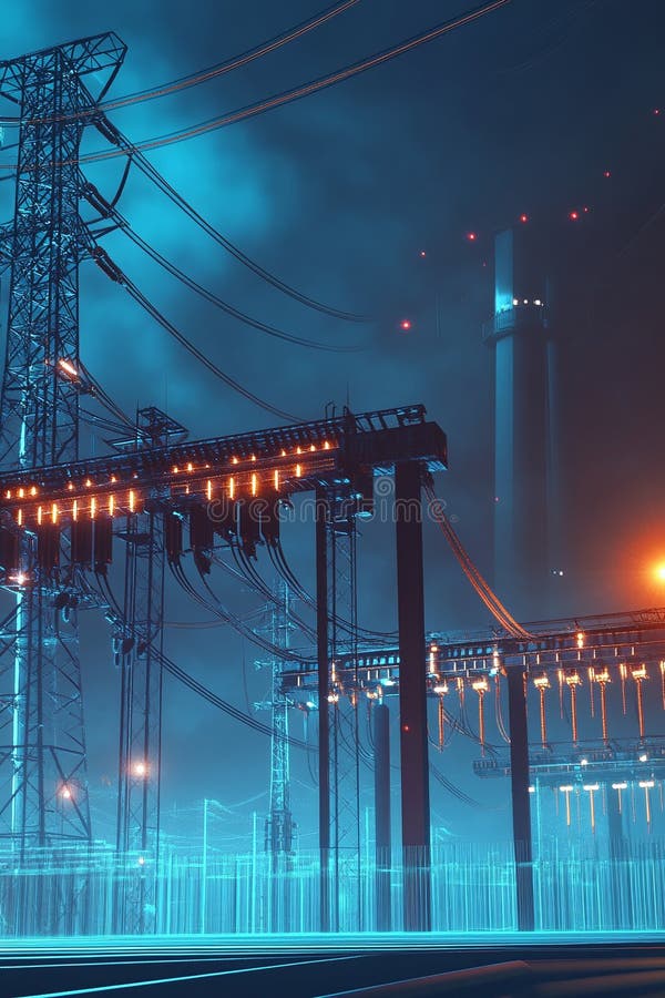 3D Render of an Electrical Substation Connected To High-voltage Power ...