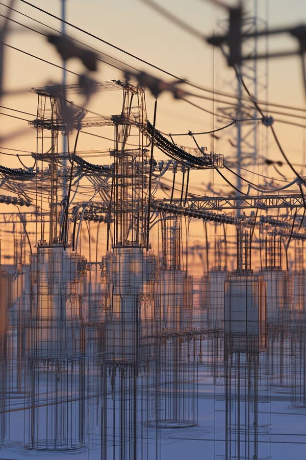 3D Render of an Electrical Substation Connected To High-voltage Power ...