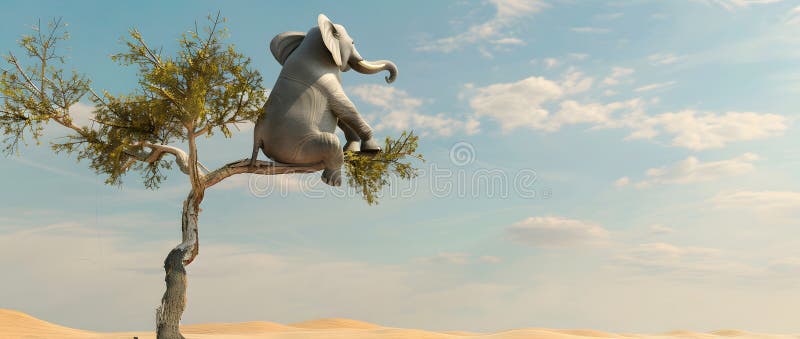 3D Render of Elephant on Tree Branch in Desert Stock Illustration ...