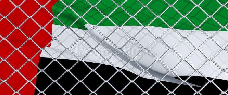 Emirates Flag Behind Steel Mesh Wire Fence. the Flag of UAE Stock ...