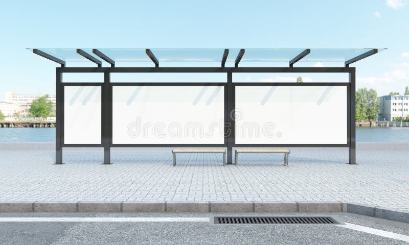 3d Render of an Empty Bus Station on the Pavement with Buildings in the ...