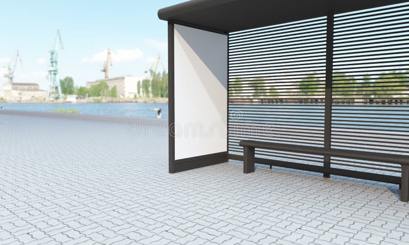 3d Render of an Empty Bus Station on the Pavement and Buildings in the ...