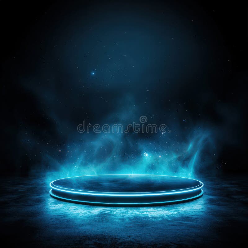 Futuristic Blue Neon Podium Stage with Smoke and Cosmic Background ...