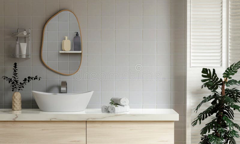 3D Render an Empty Counter with Ceramic Washbasin and Modern Style ...