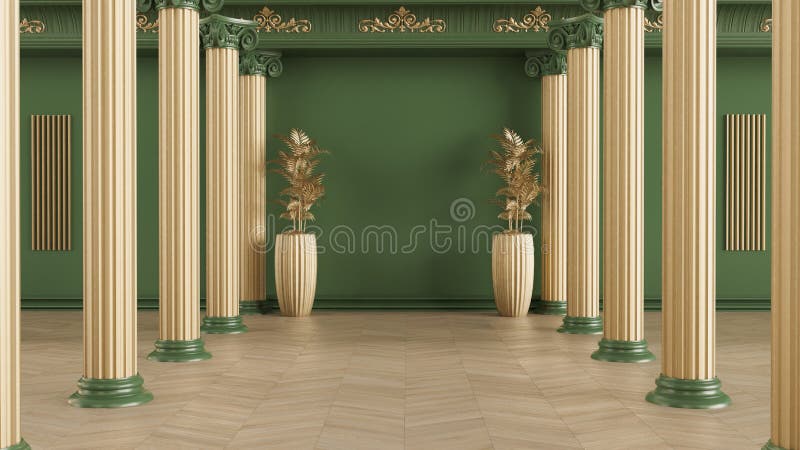 Empty Room with Green Wall Background and and Gold Columns Pillar Stock ...