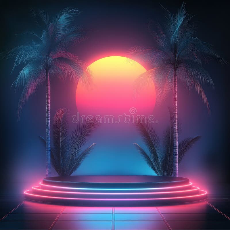 Neon Tropical Stage with Palm Trees and Retro Sunset. Stock ...