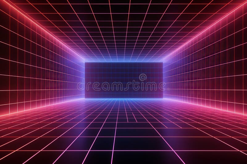 3d Render, Empty Virtual Room, Glowing with Violet Red 3d Render, Empty Virtual Room, Cyber ...
