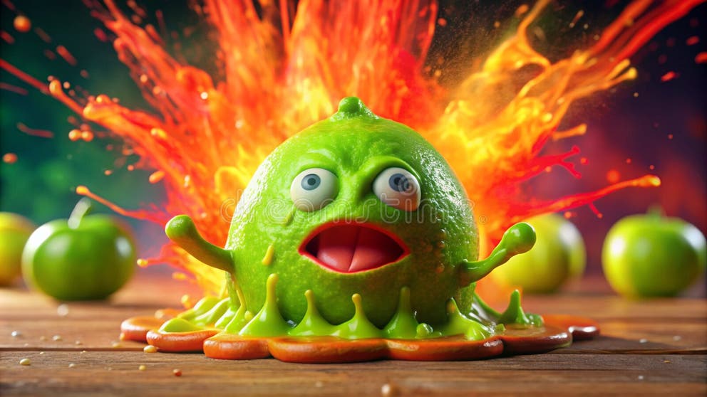 3D Render of an Exploding Lime Monster with Apples, a Vibrant and ...