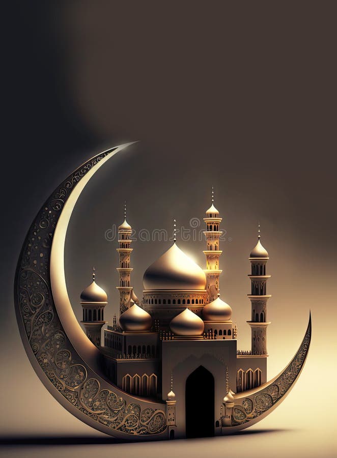 3D Render of Exquisite Crescent Moon with Glowing Mosque and Copy Space ...