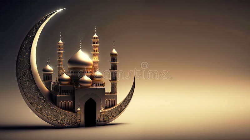 3D Render of Exquisite Crescent Moon with Glowing Mosque and Copy Space ...