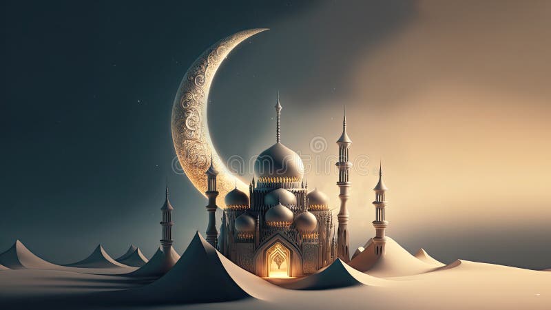 3D Render of Exquisite Crescent Moon with Glowing Mosque on Sand Dune ...