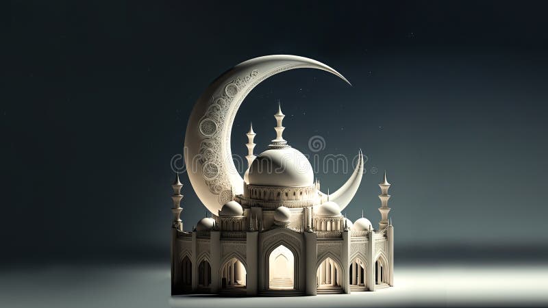 3D Render of Exquisite Mosque and Crescent Moon on Dark Background ...
