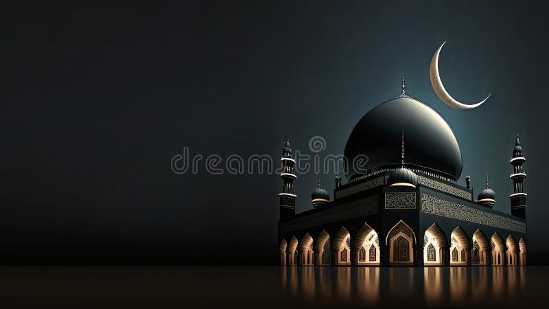 3D Render of Exquisite Mosque with Crescent Moon in Night. Islamic ...