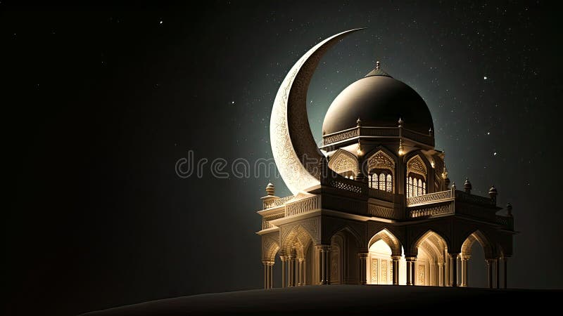 3D Render of Exquisite Mosque and Crescent Moon at Night. Islamic ...