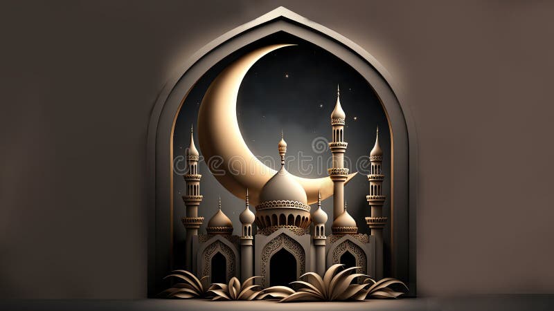 3D Render of Exquisite Mosque with Crescent Moon in Window Arch ...