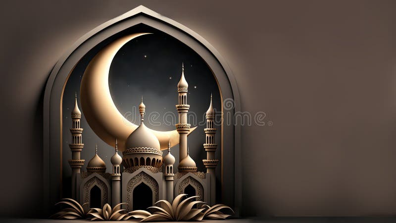 3D Render of Exquisite Mosque with Crescent Moon in Window Arch ...