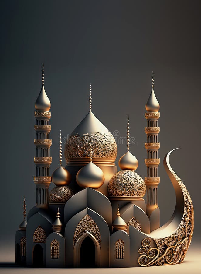 3D Render of Exquisite Mosque on Dark Background. Islamic Religious ...