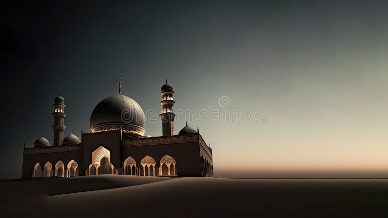 3D Render of Exquisite Mosque on Sand Dune Night Background. Islamic ...