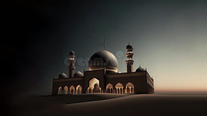 3D Render of Exquisite Mosque on Sand Dune Night Background. Islamic ...