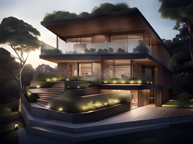 3d Render of an Exterior House in Night with Garden View Stock ...