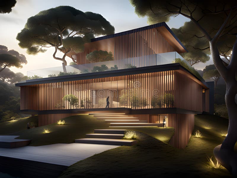 3d Render of an Exterior House in Night with Garden View Stock ...