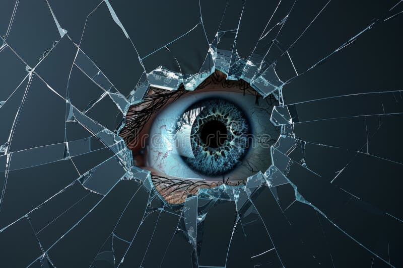 3D Render of an Eye Peeking through Cracked Glass, Symbolizing Security ...